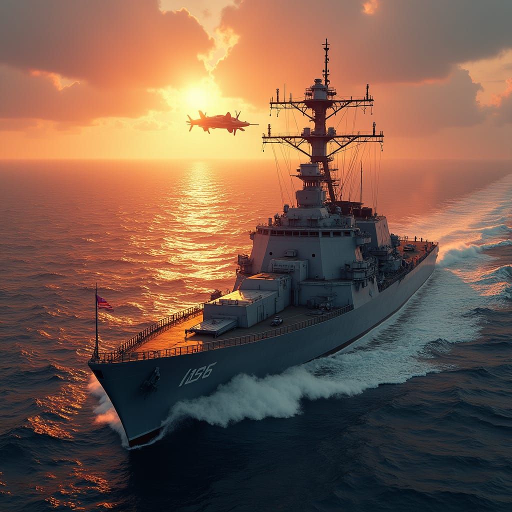 Future Naval Battle Between US Destroyer and Alien... - AI Art