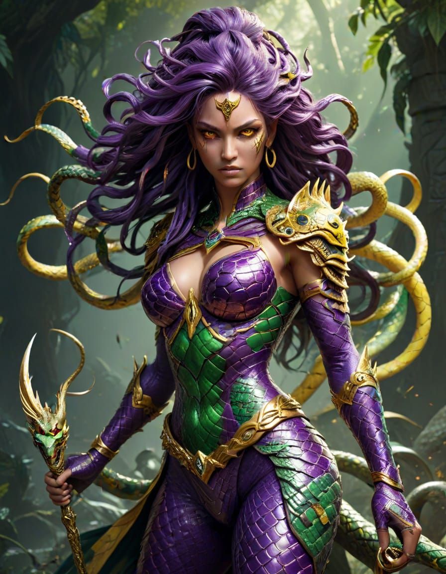 Medusa in Stunning Fantasy Armor, Scales and Serpe... - AI Art