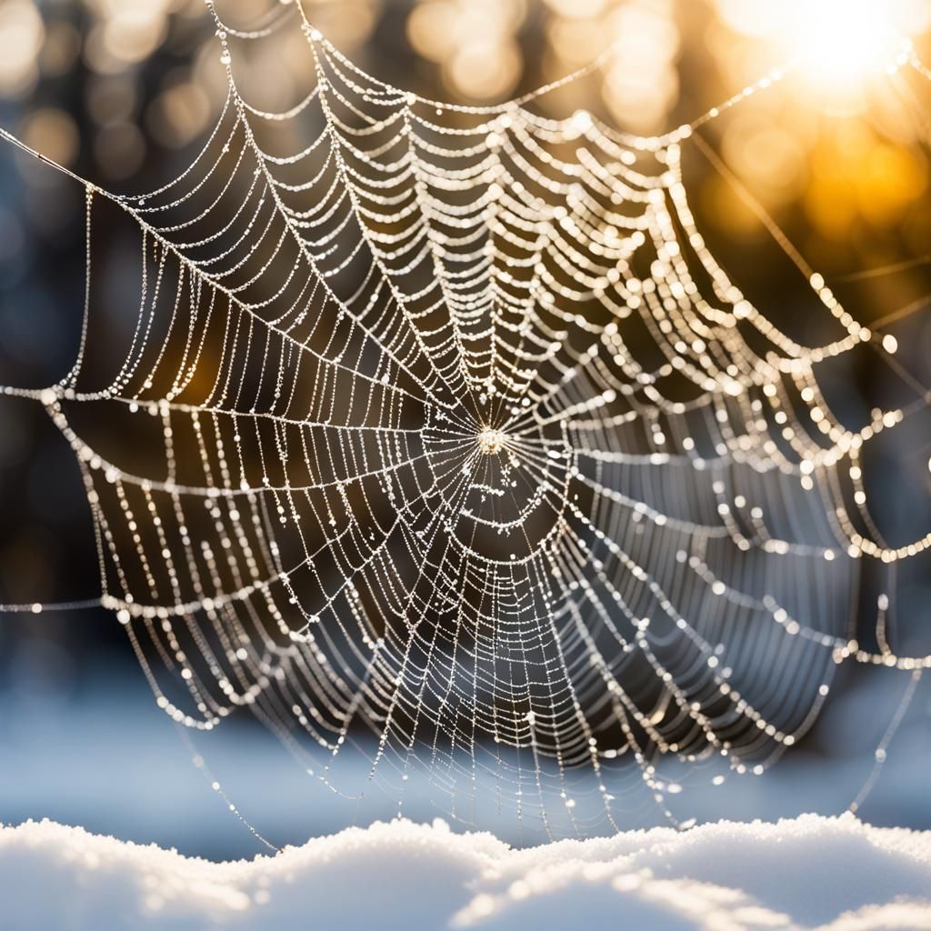 Large stretched out golden spiderweb, snow falling, little snowflakes ...