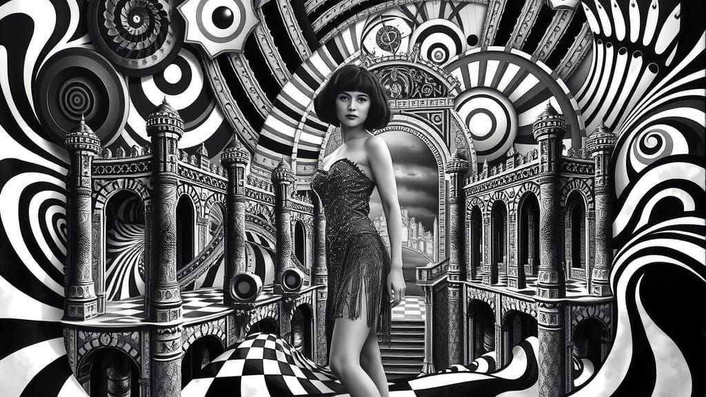 Black & White Fantasy 1929 - Majestic Flapper in Psychedeli...