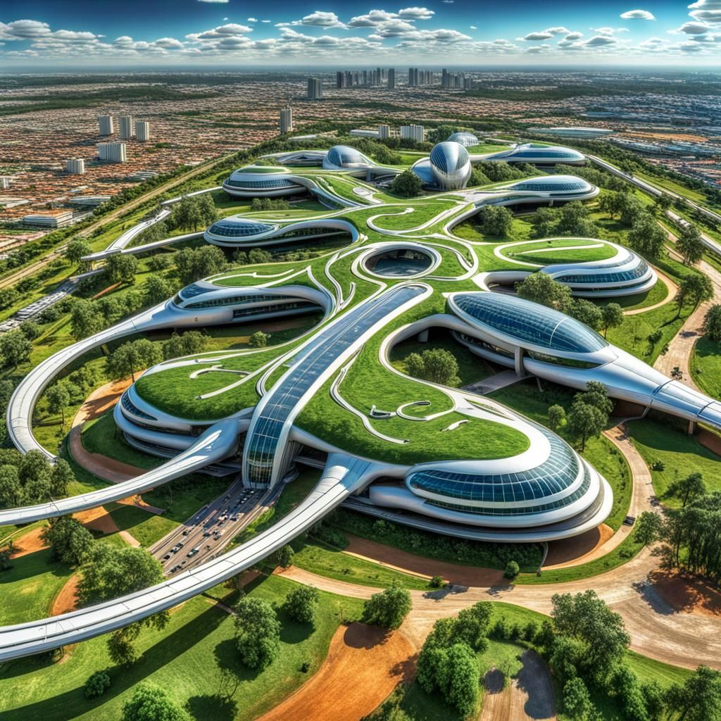 Utopian city with suburbs surrounded by rural areas and farms; Brasilia ...