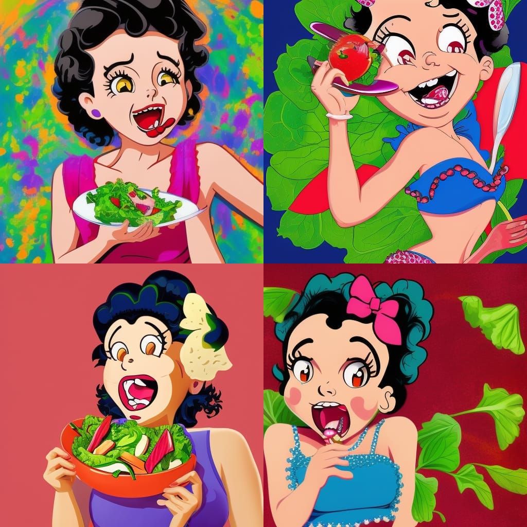 Betty boop laughing eating salad - AI Generated Artwork - NightCafe Creator
