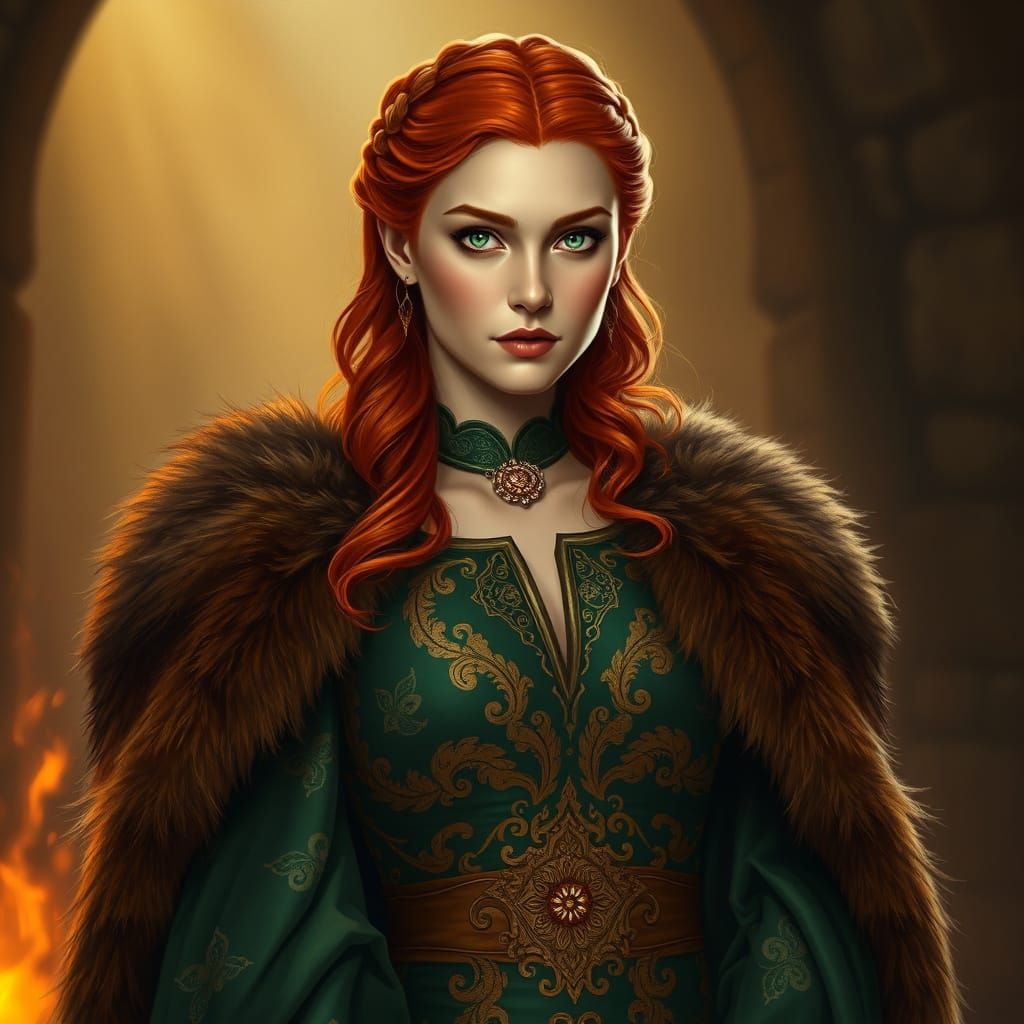 A regal queen with fiery red hair and piercing green eyes, her elegant ...