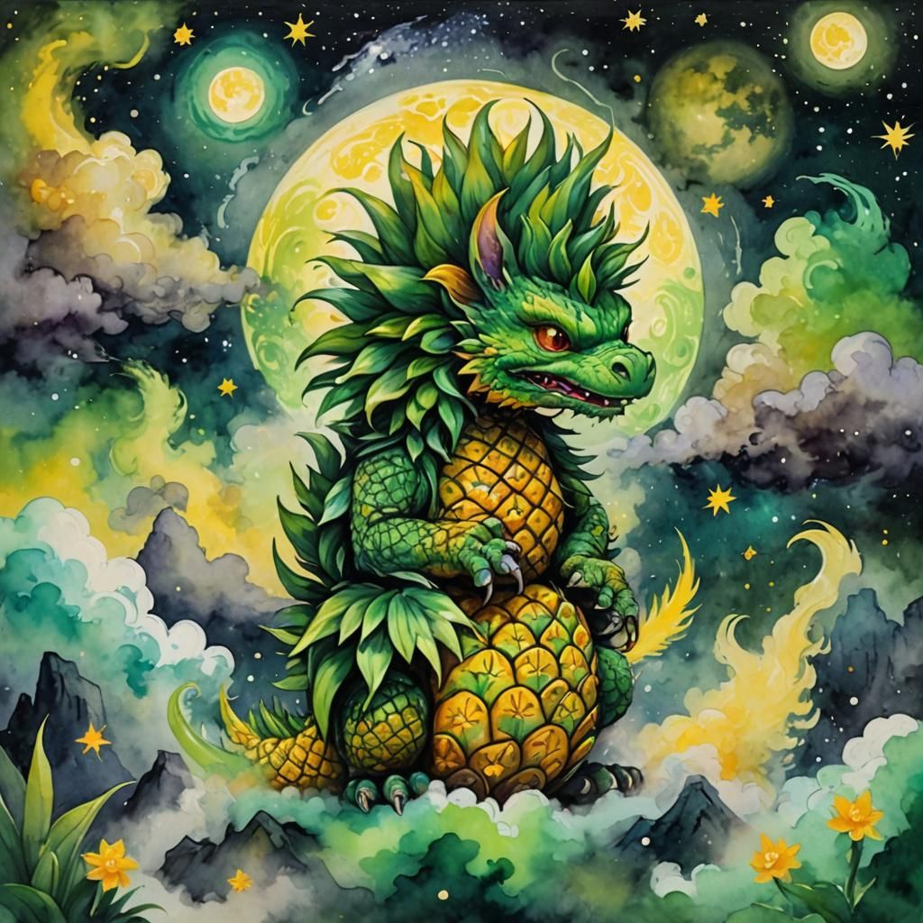 cute chibi pineapple+dragon surrounded by yellow and green smoke under ...