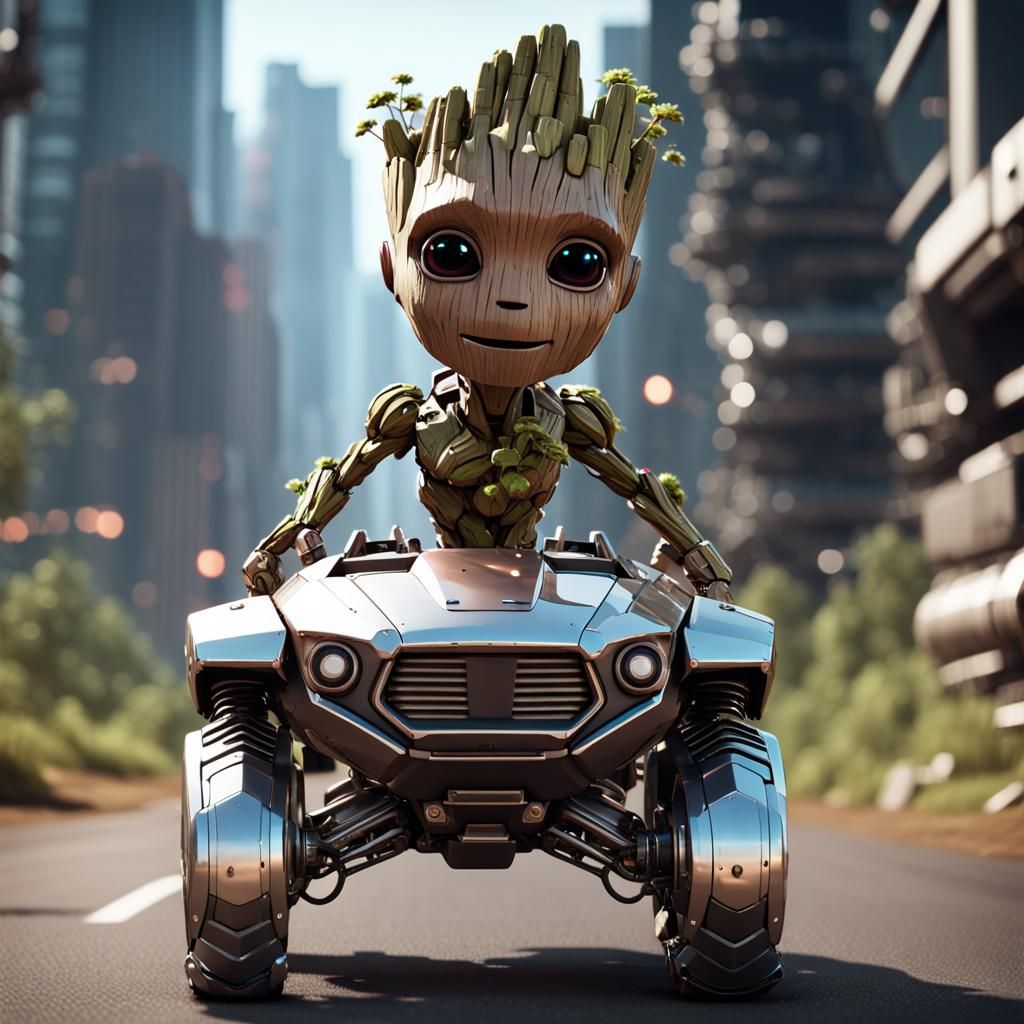 Cute baby Groot driving mech suit intricate mech details, ground level shot, 8K resolution ...