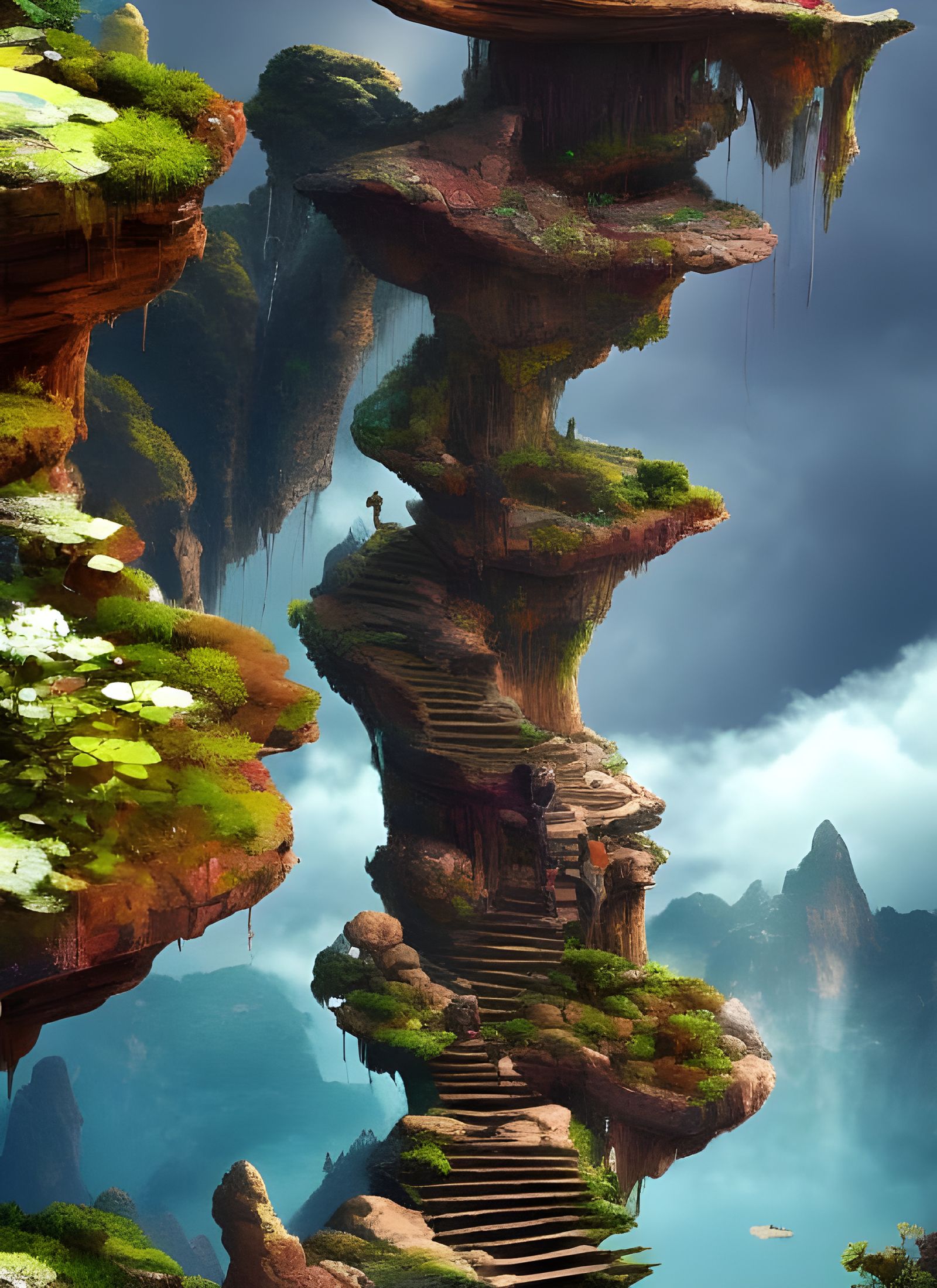 steep stairs steps carved handrail into side of a rock above abyss ...