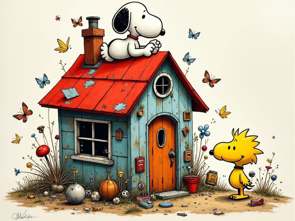 Whimsical fantasy Snoopy house with Woodstock.