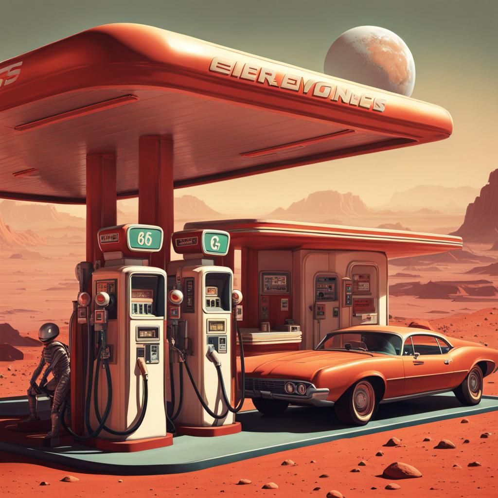 Retro gas station on Mars with alien-like humans pumping the gas : r ...