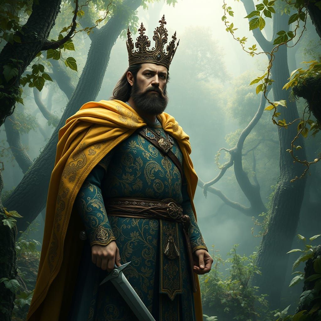 Medieval King in Mystical Forest, Regal Attire and... - AI Art