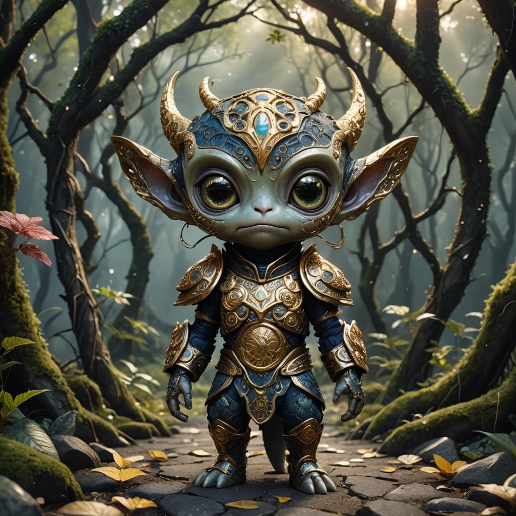 adorable little alien 👽 creature wearing ornate kintsugi armor with ...