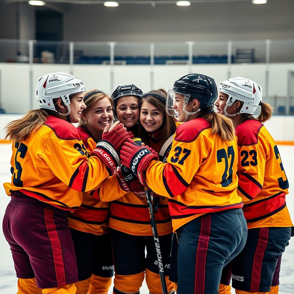 Portrait of an all female after school ice hockey team congratulating ...
