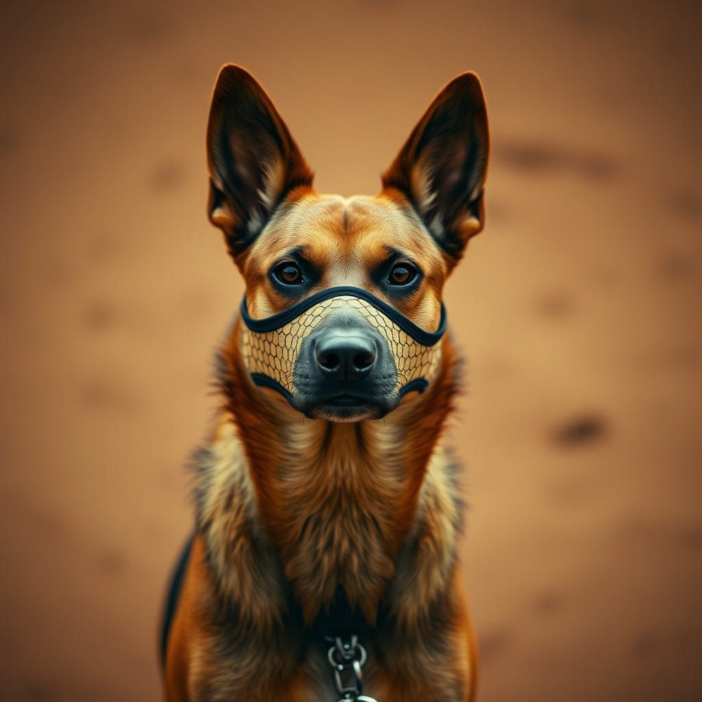 A kelpie dog wearing a honey comb print fashion mask