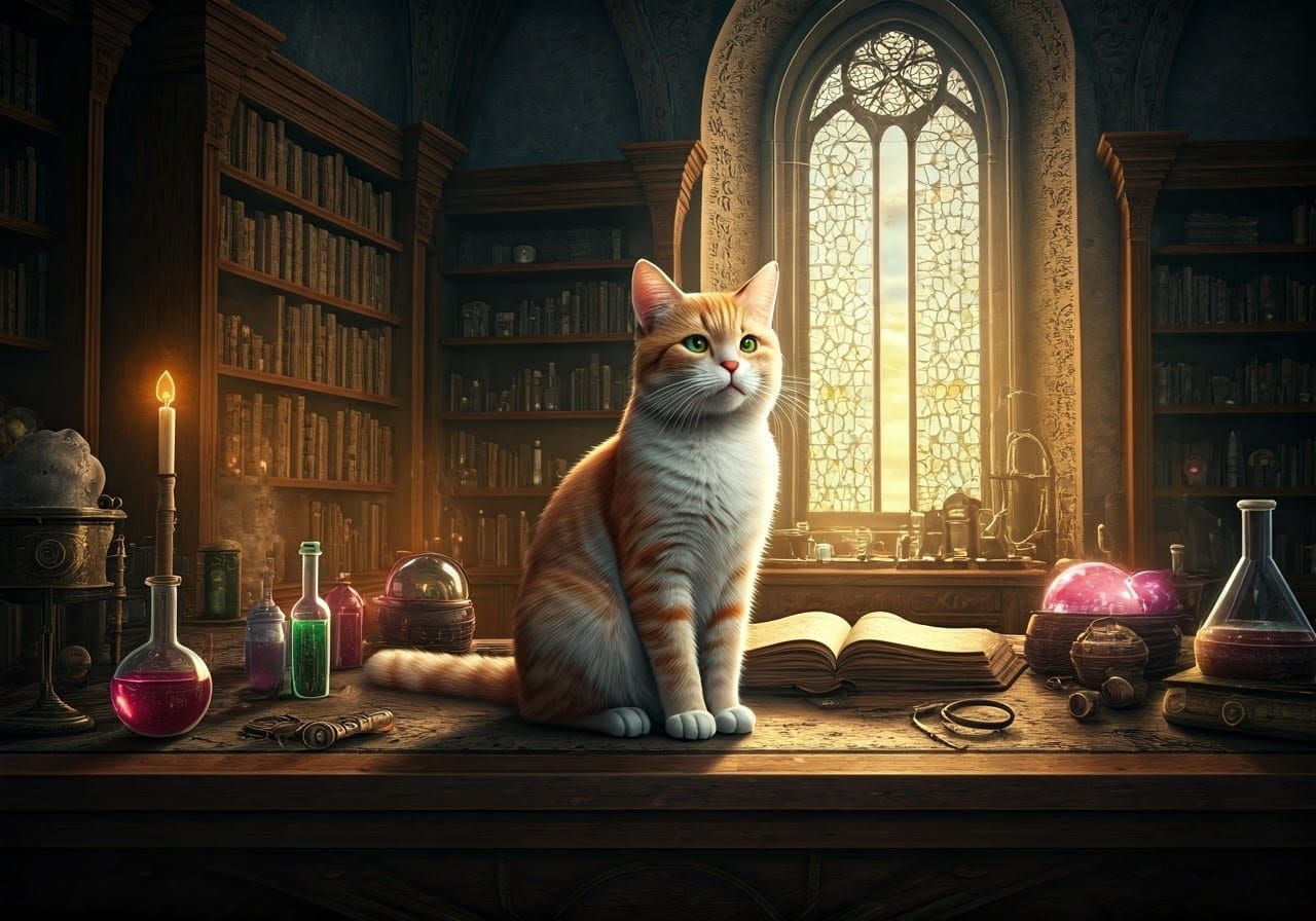 Ginger Cat Reigns Supreme in Wizard's Alchemical L... - AI Art