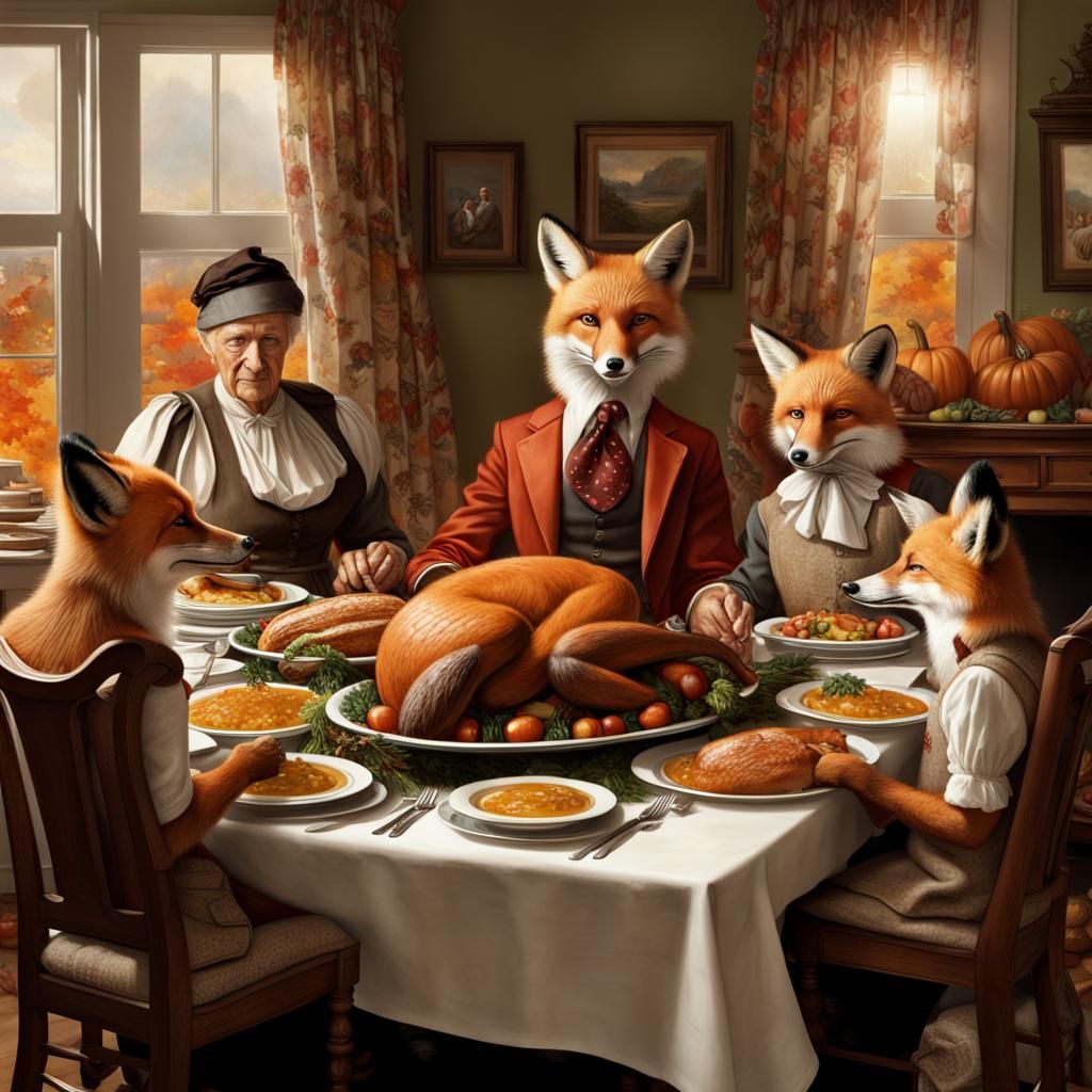 Portrait of a Fox family sitting down for a Thanksgiving dinner, in the style of Norman Rockwell ...
