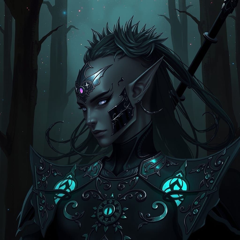 Surreal Drow Elf Samurai in Cosmic Nebula - AI Art