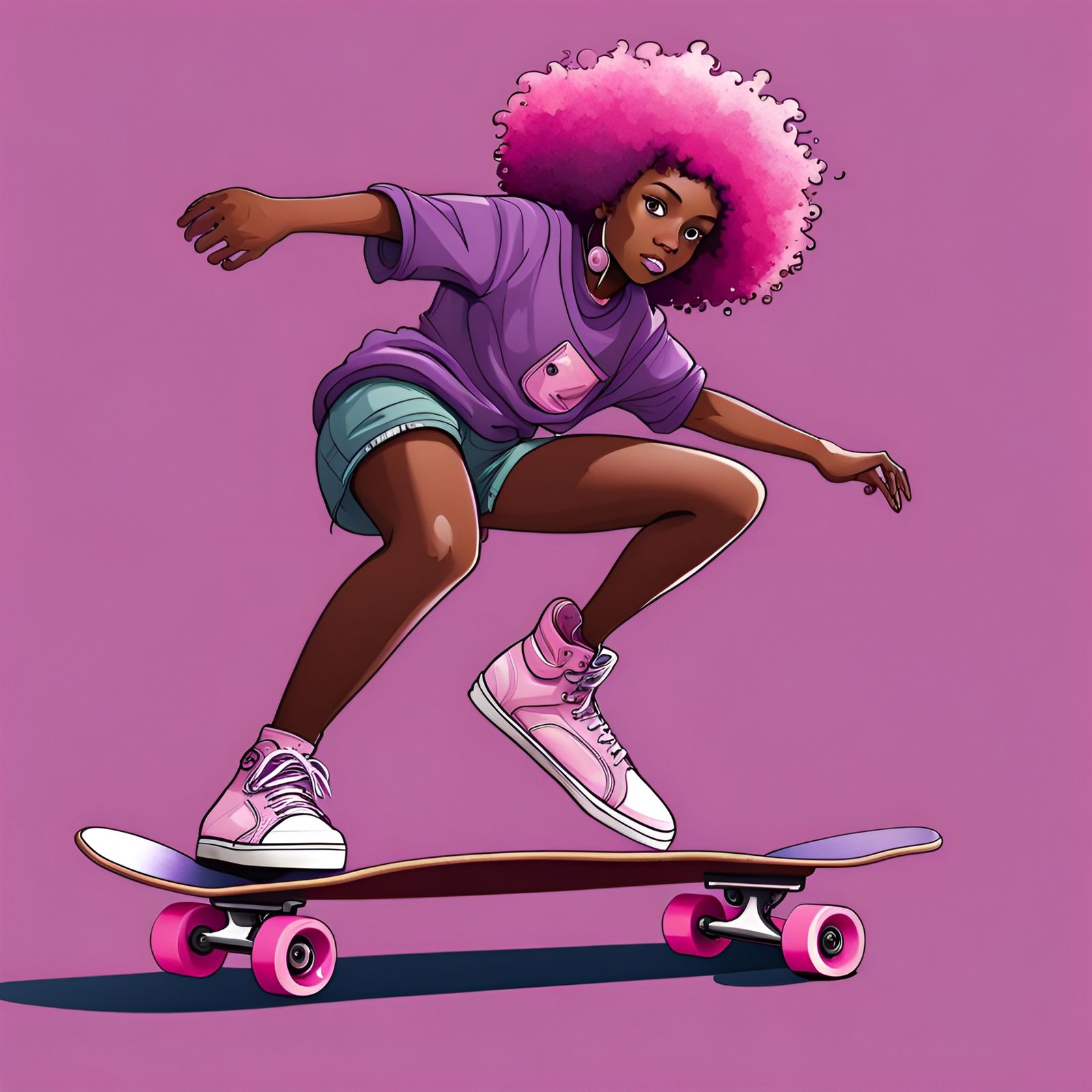 Skater girl kickflip a skateboard, she is in her late teens dark skin ...