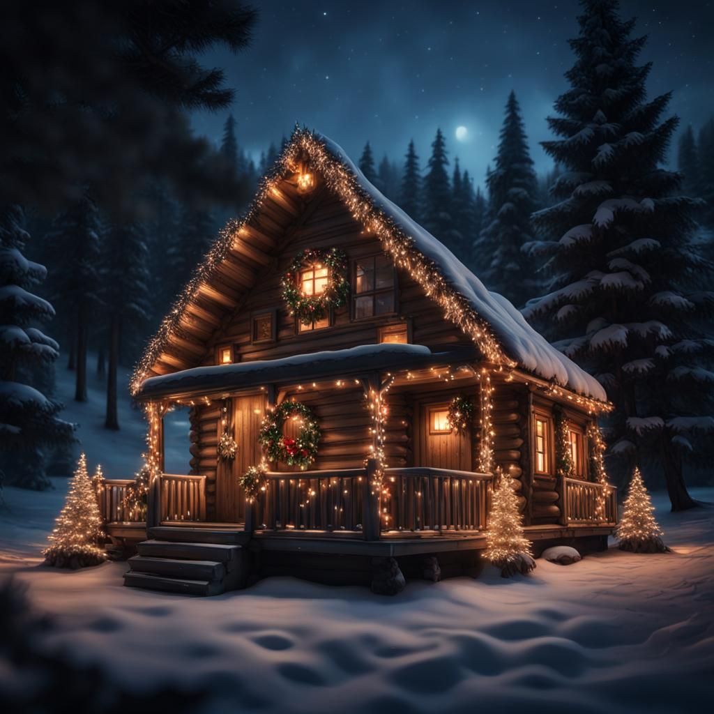 8k realistic, cabin in the wood decorated for christmas, night time ...