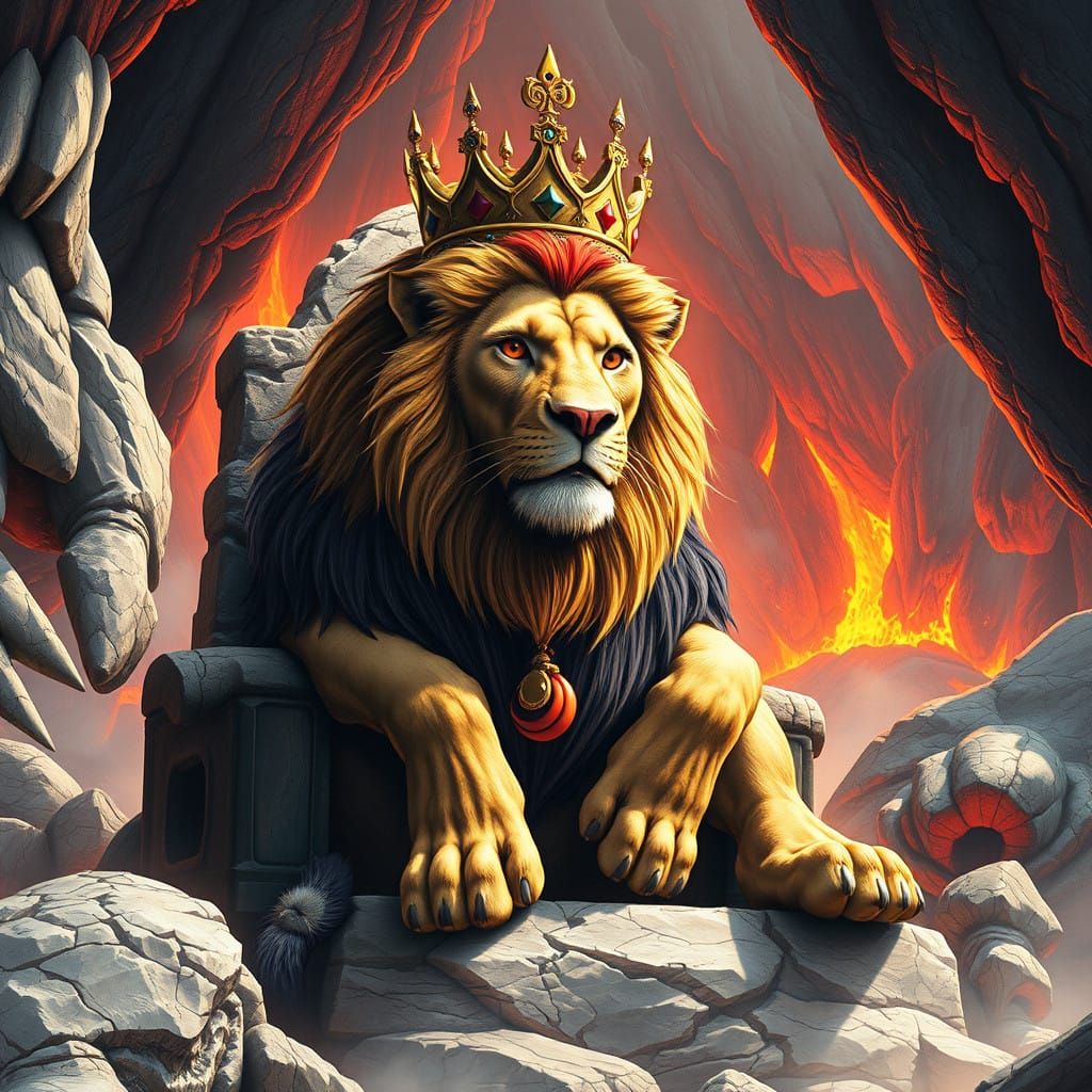 Regal Lion in Lava-Cave Throne, Ultra-Realistic Ar... - AI Art