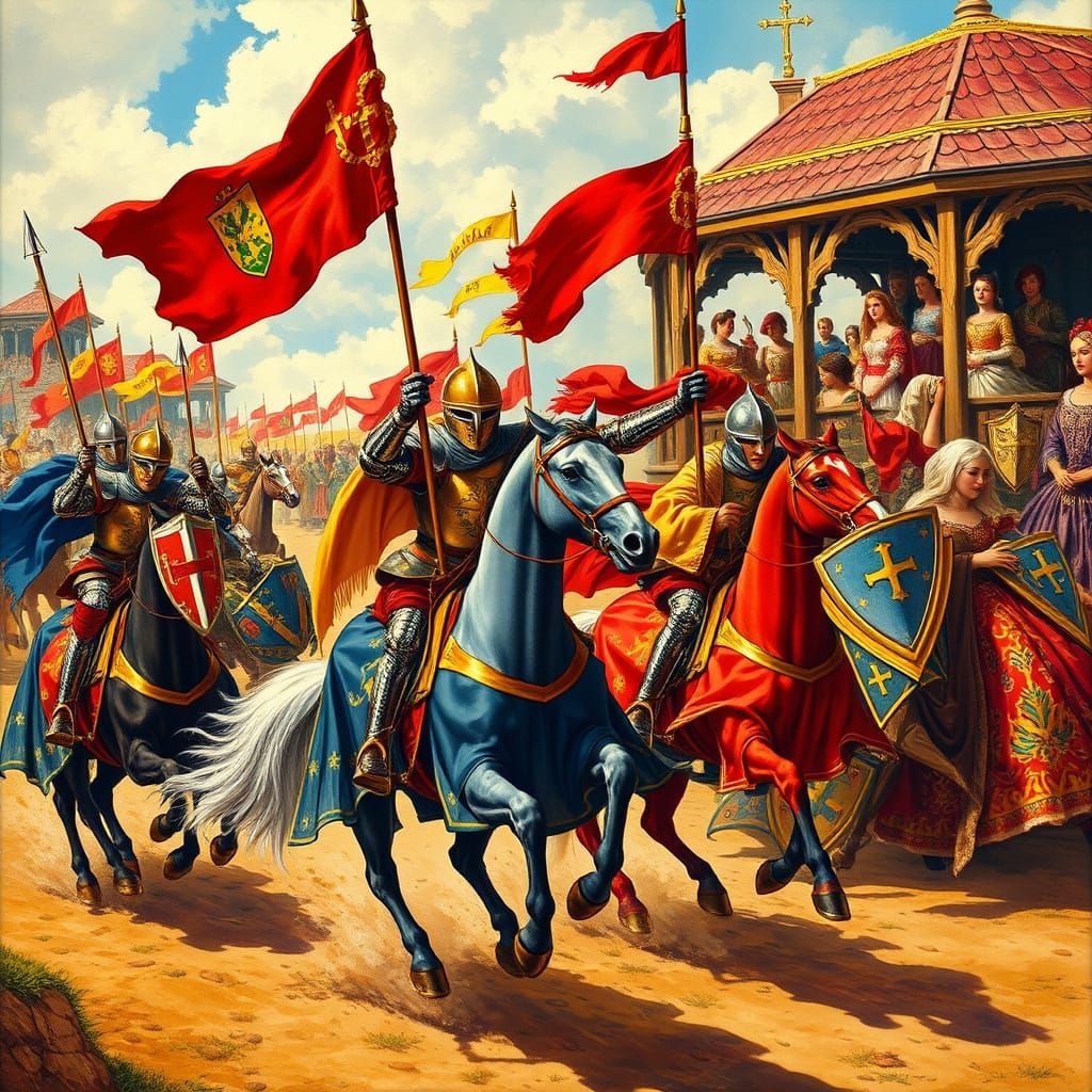 colourful jousting tournament with knights on horsebackk with shields ...