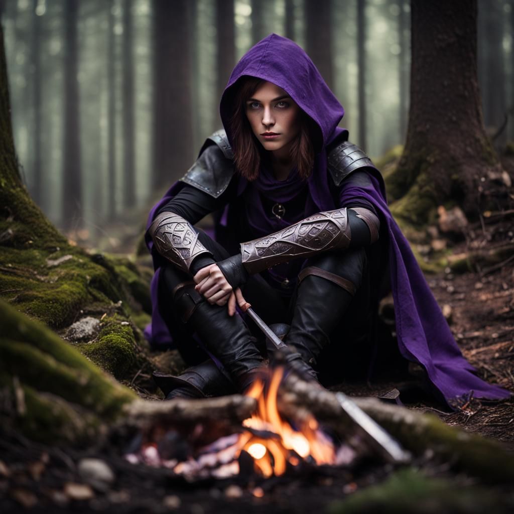 Female, tomboy, half-elf rogue with short, brown hair. She is wearing ...