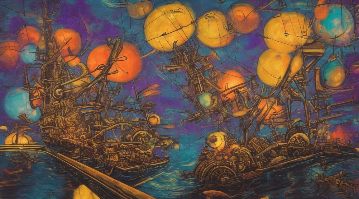 dieselpunk pirate ship, abstract art muted colers glowing balls ...
