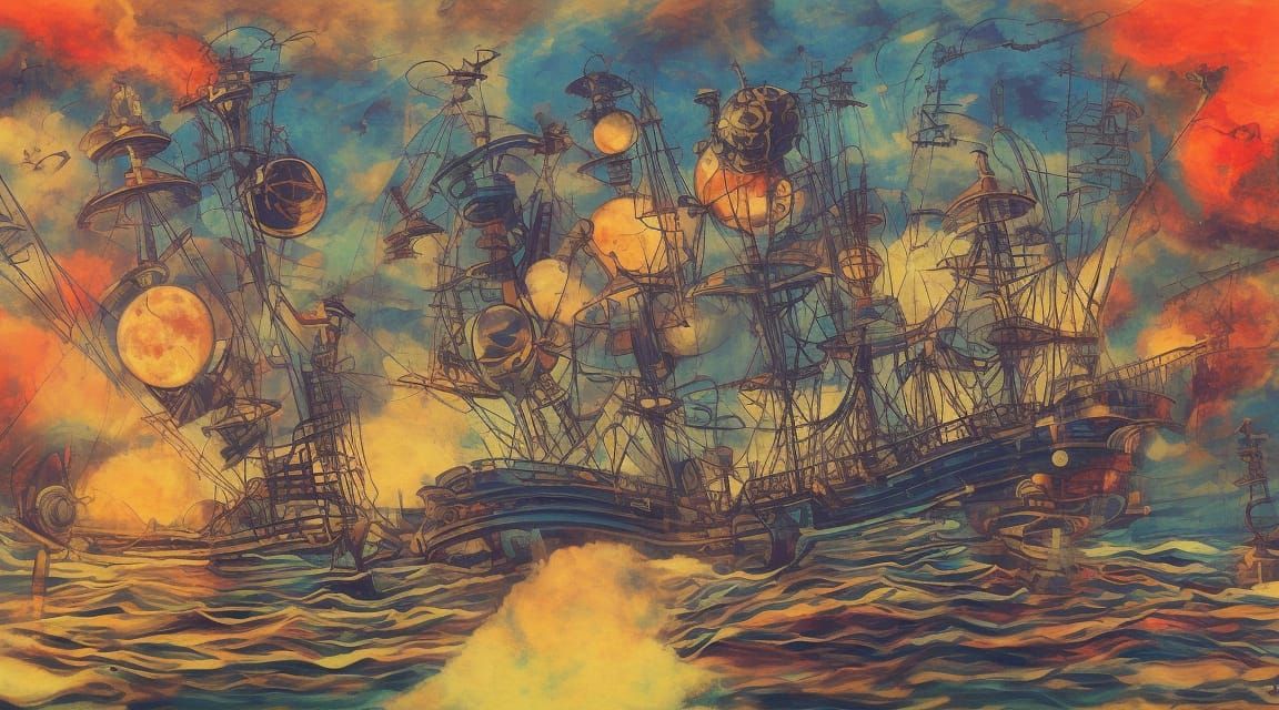 dieselpunk pirate ship, abstract art muted colers glowing balls ...