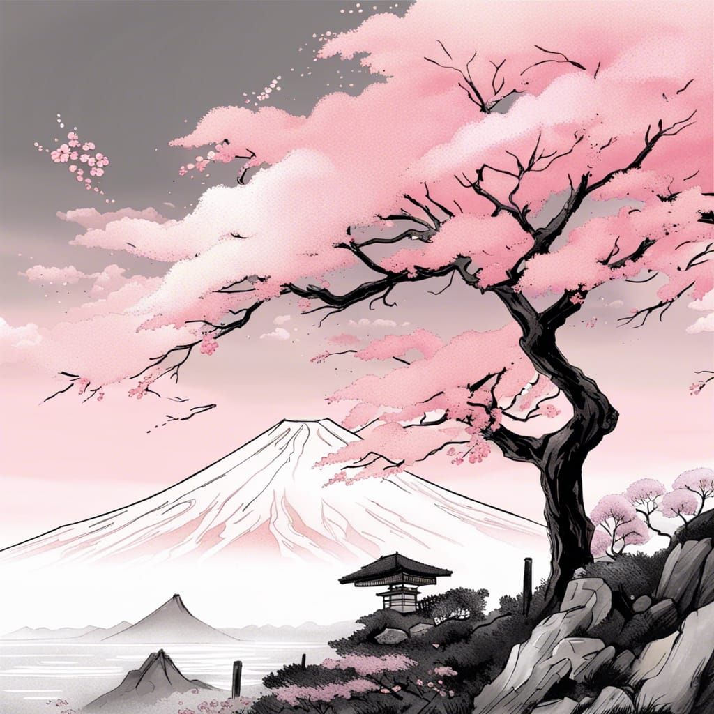 Drawing of Mount Fuji with Sakura Tree - AI Generated Artwork ...