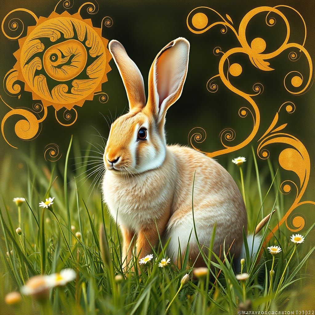 Serene Rabbit Amidst Fractal Nature Patterns - AI Art