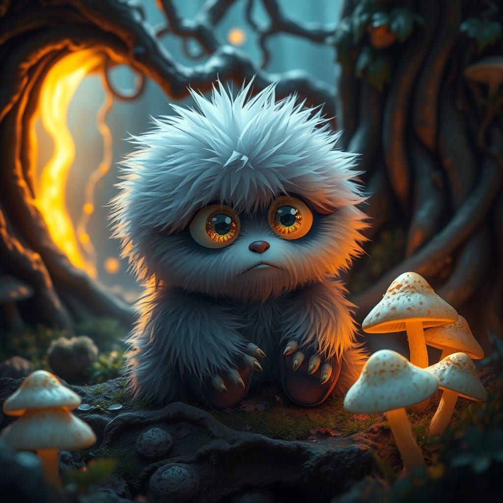Sad baby fluffy monster - Whimsical Fluffy Monster in a Fant...