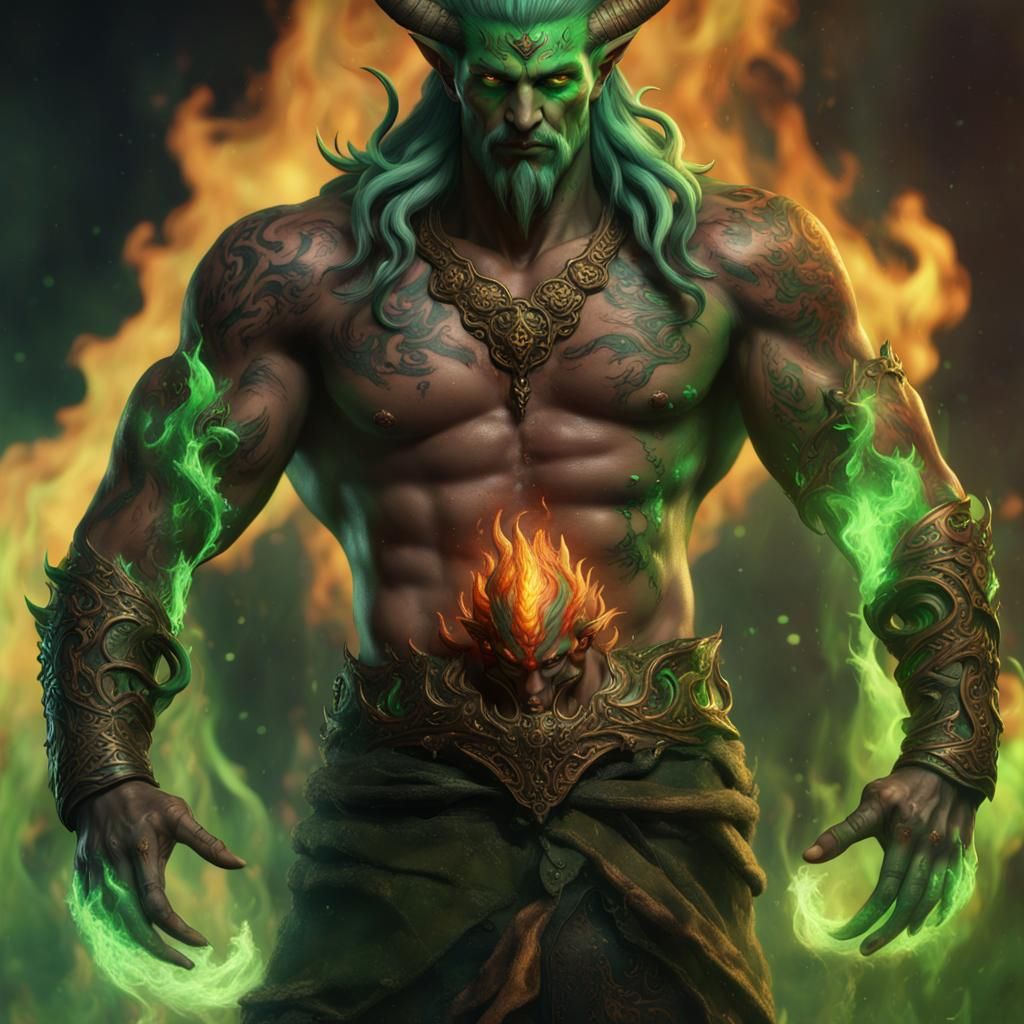 male ifrit djinn, ice covered arm, with runic tattoos, covered in green ...