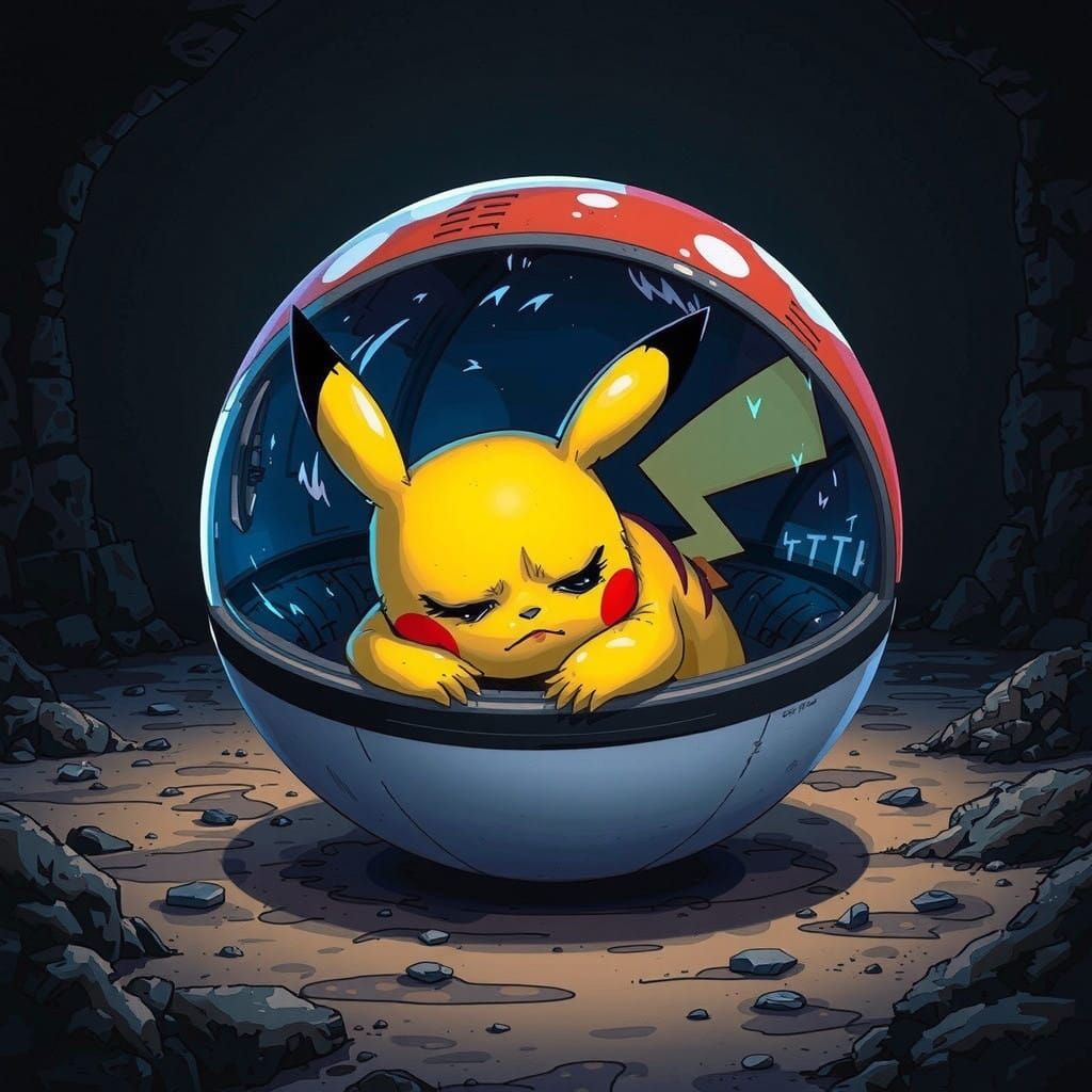 A distressed Pikachu sitting in a dimly lit, cramped Pokeball interior ...