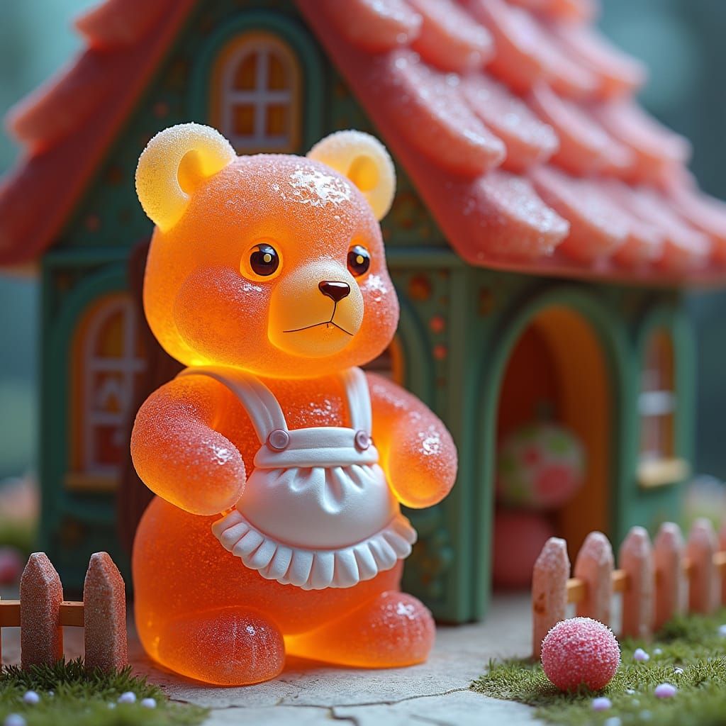 Gelatinous Gummy Bear in Whimsical House Weeps Spa... - AI Art