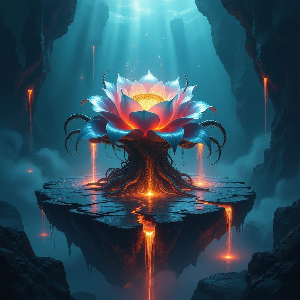 A biomechanical plant blooming from the cracked surface of a floating ...