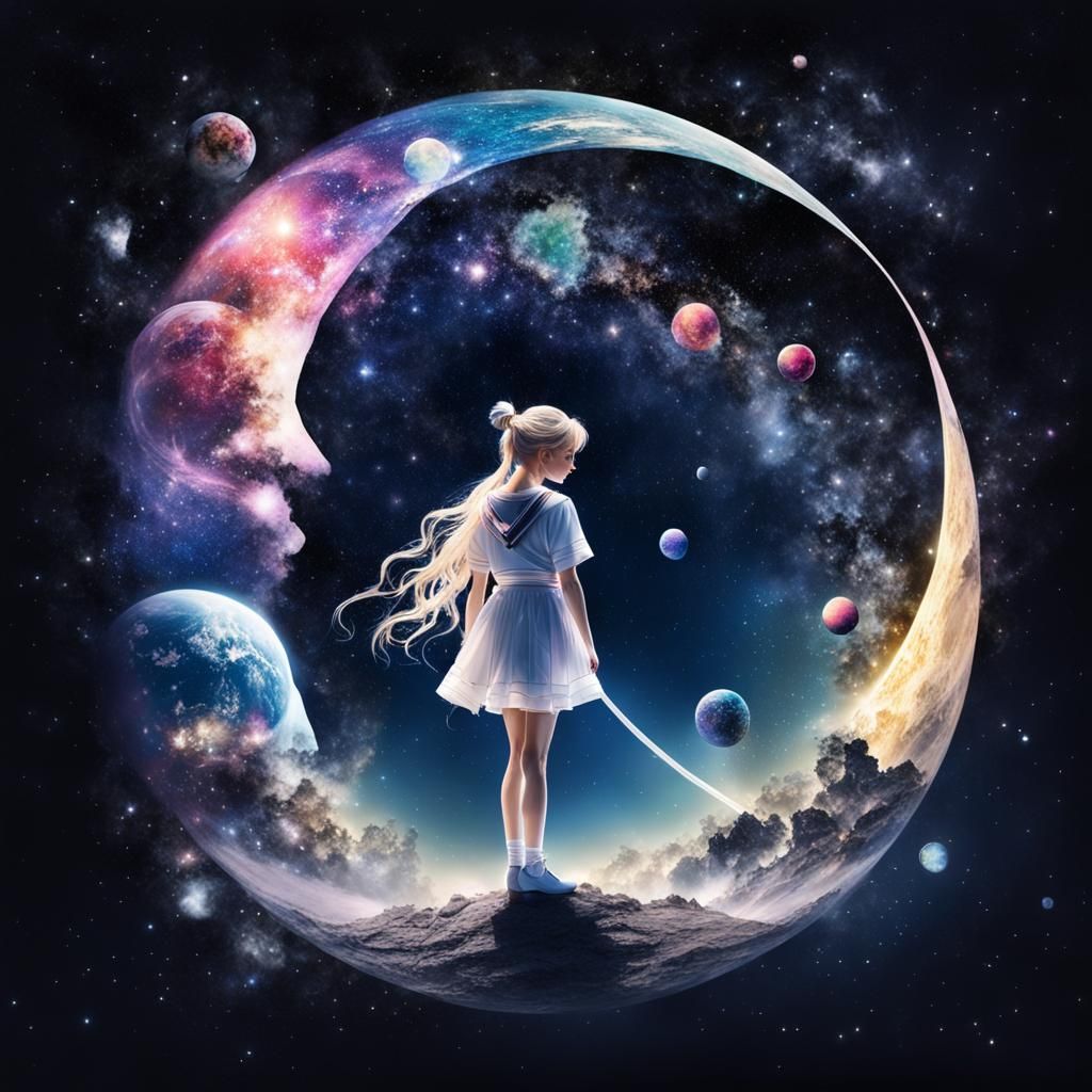 Sailor moon blended into the milky way and planets. Intertwined with ...