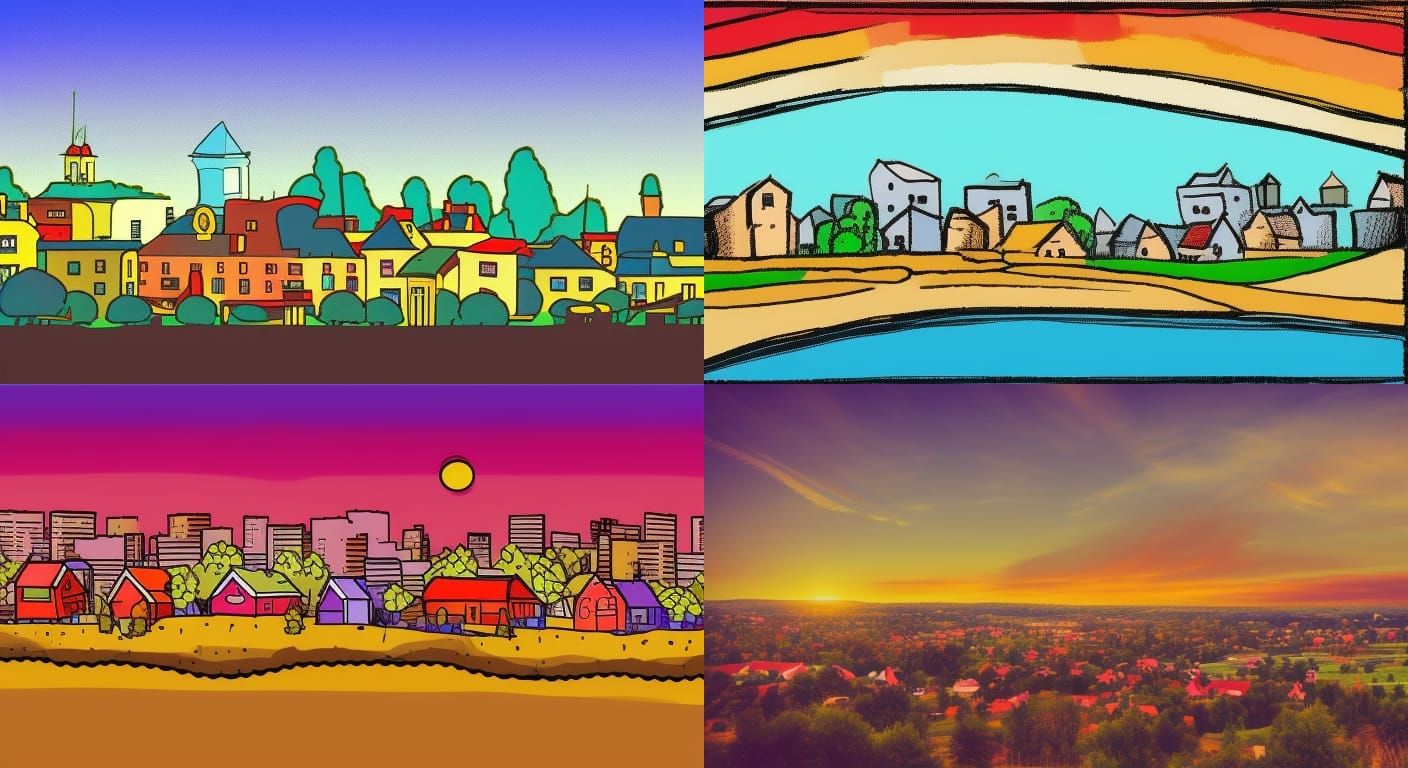 Small town in the distance, photo of town, simple cartoon style ...