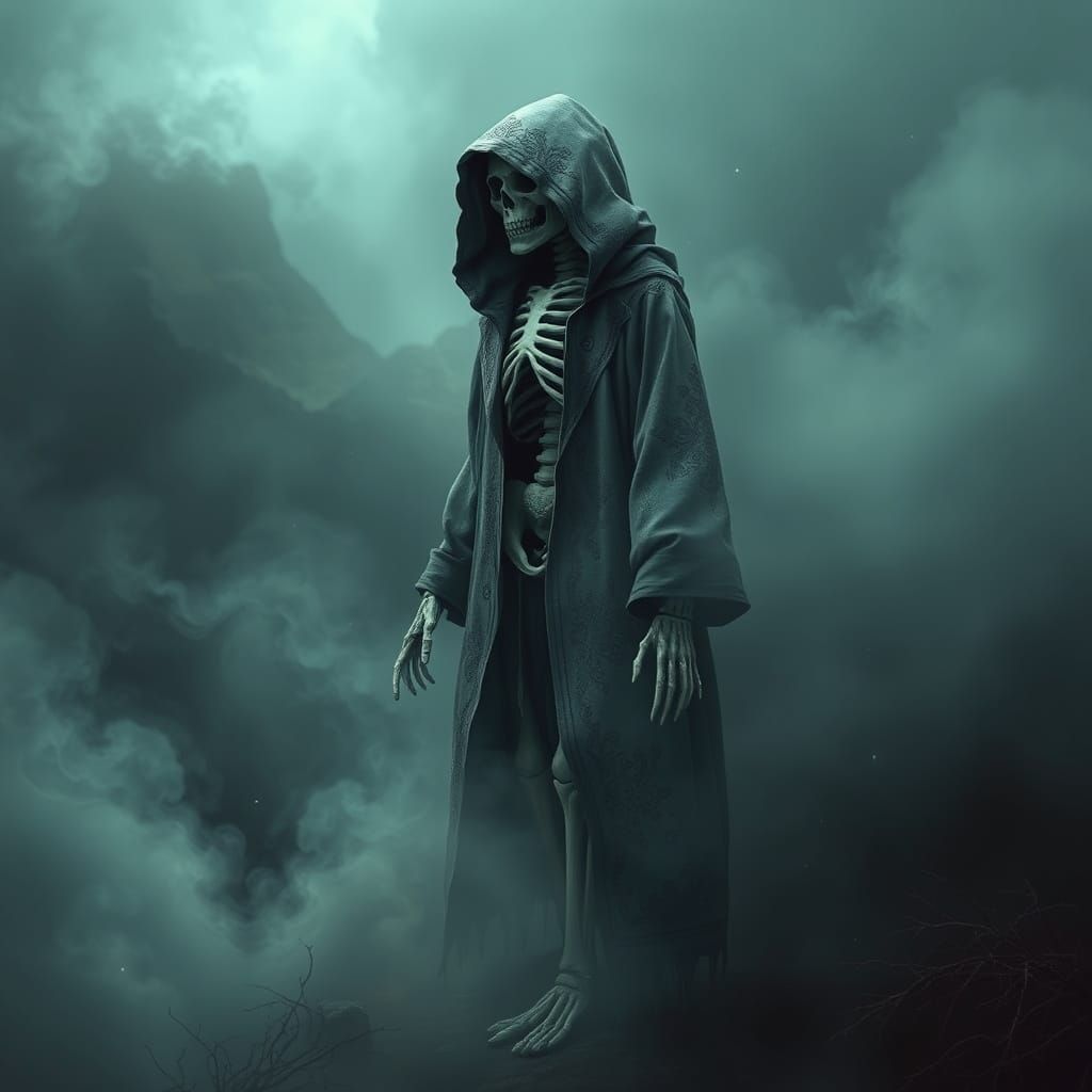 Ethereal Skeleton Figure in Mystical Fog - AI Art