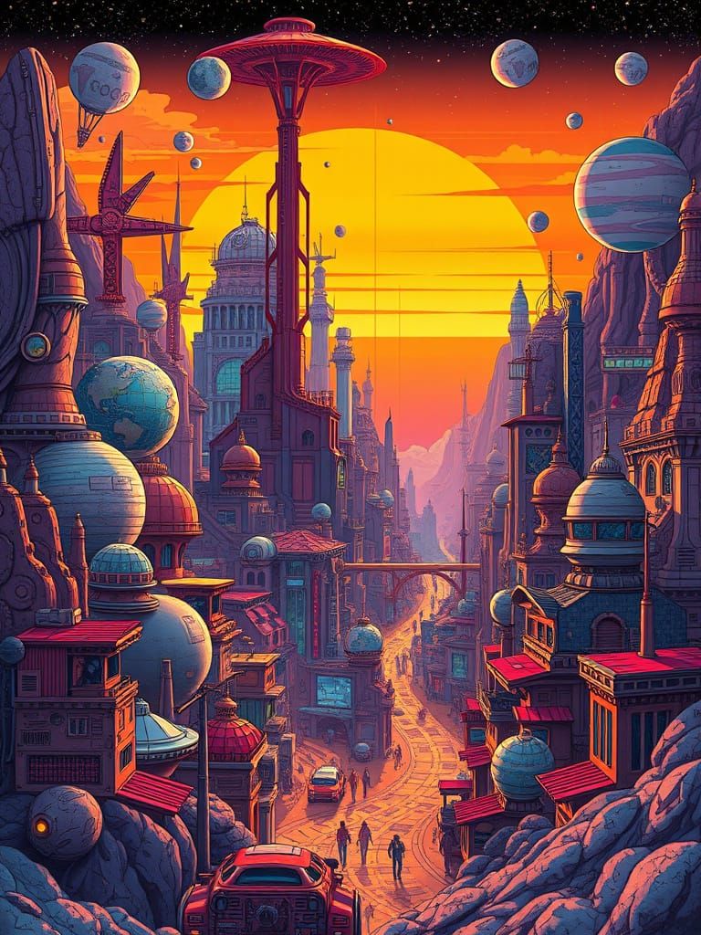 A mosaic of pulpy sci-fi tropes; retro pulp science fiction aesthetic