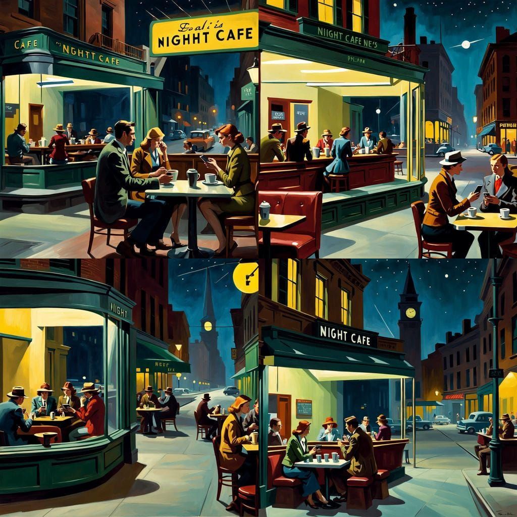 Customers in a Cozy Nighttime Cafe Scene - AI Art