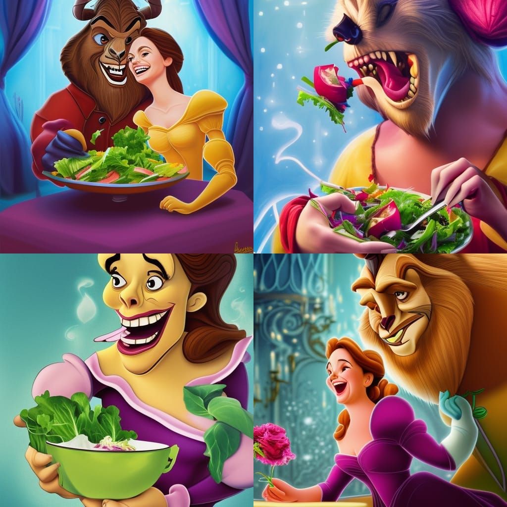 Beauty and the beast laughing eating salad - AI Generated Artwork ...