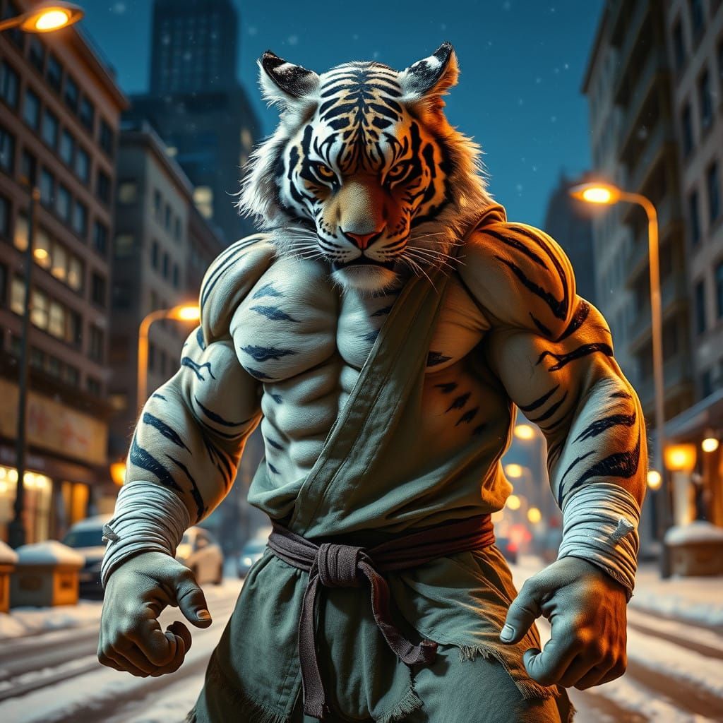 A powerful, tiger-like humanoid defiantly on a city night street. Muscular build, the torso and ...