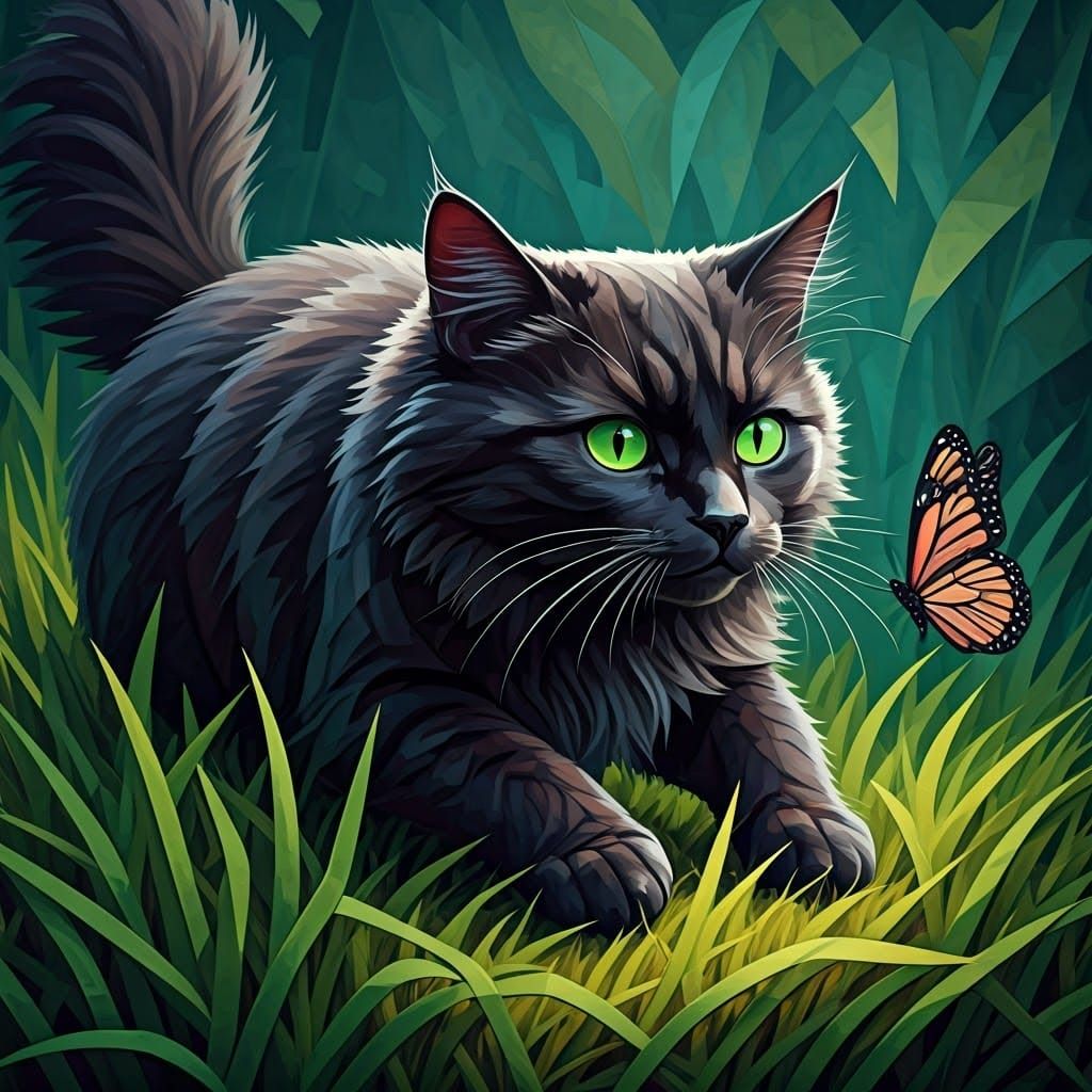 Spooked - Geometric Black Cat Stalks Vibrant Butterfly in Em...