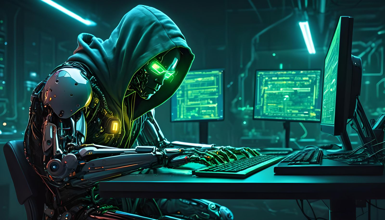 A intricately detailed digital illustration of cyborg at work with his ...