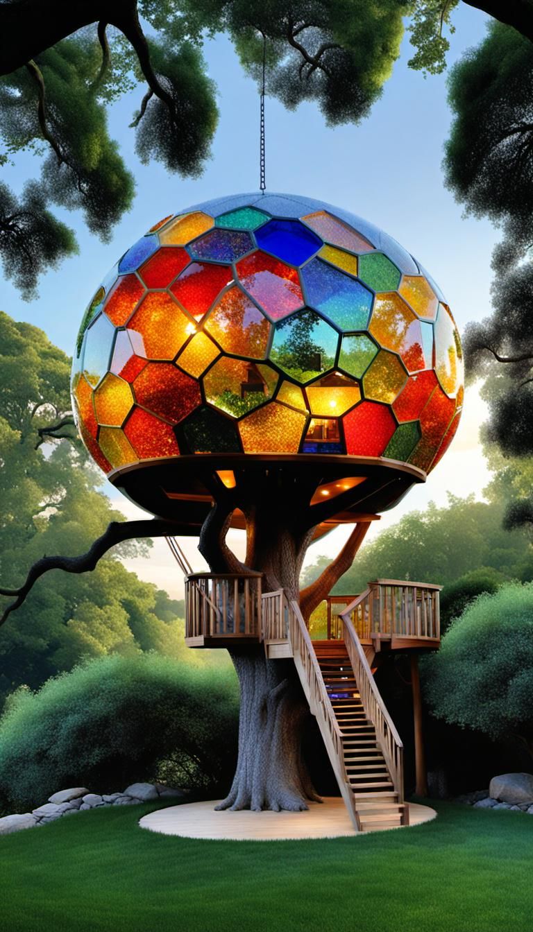 “The hive” - a luxury stained glass treehouse - AI Generated Artwork - NightCafe Creator