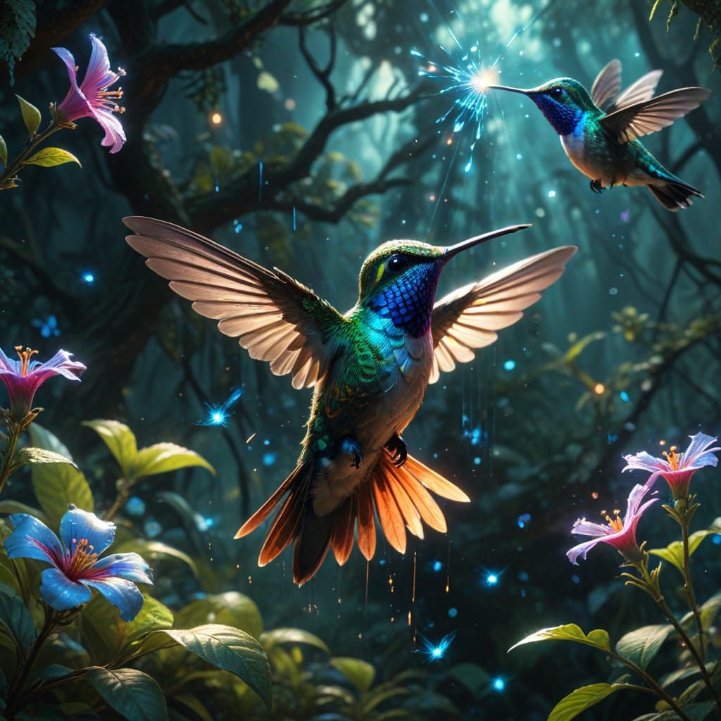 Hummingbirds Flying And Catching Little Lights
