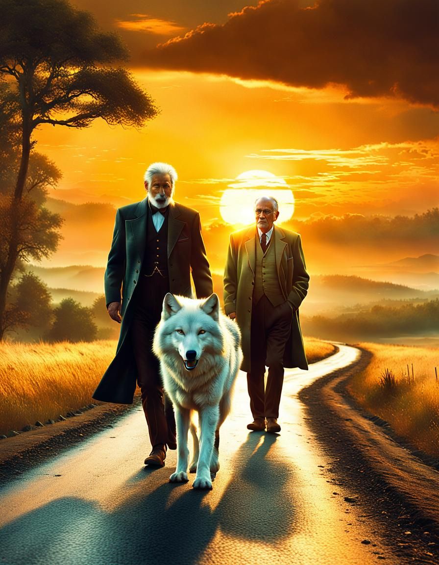 A stunning white wolf walking with a thin-haired elderly man down a ...