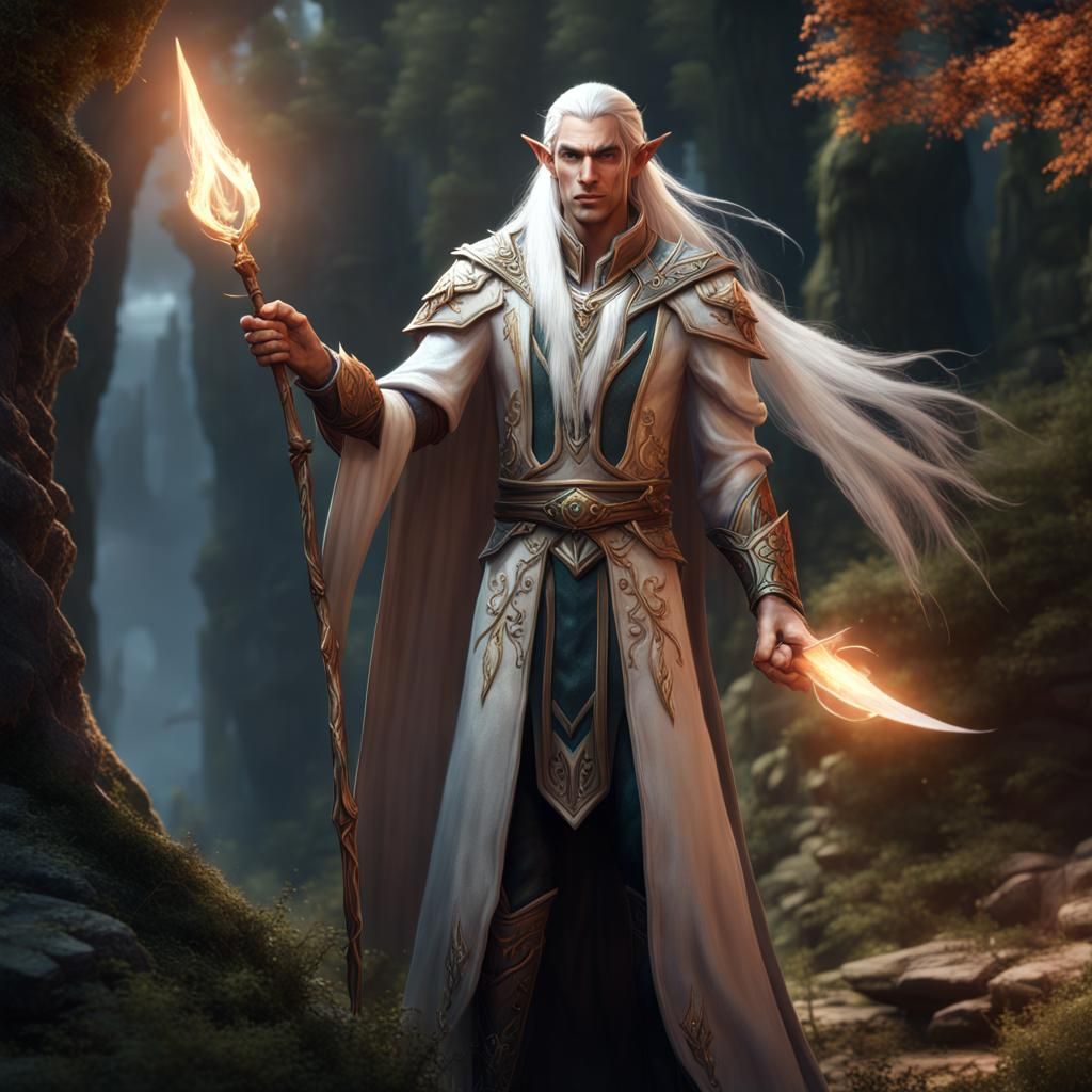 Male Eladrin Elf Wizard With White Long Hair Bronze Skin With Wand