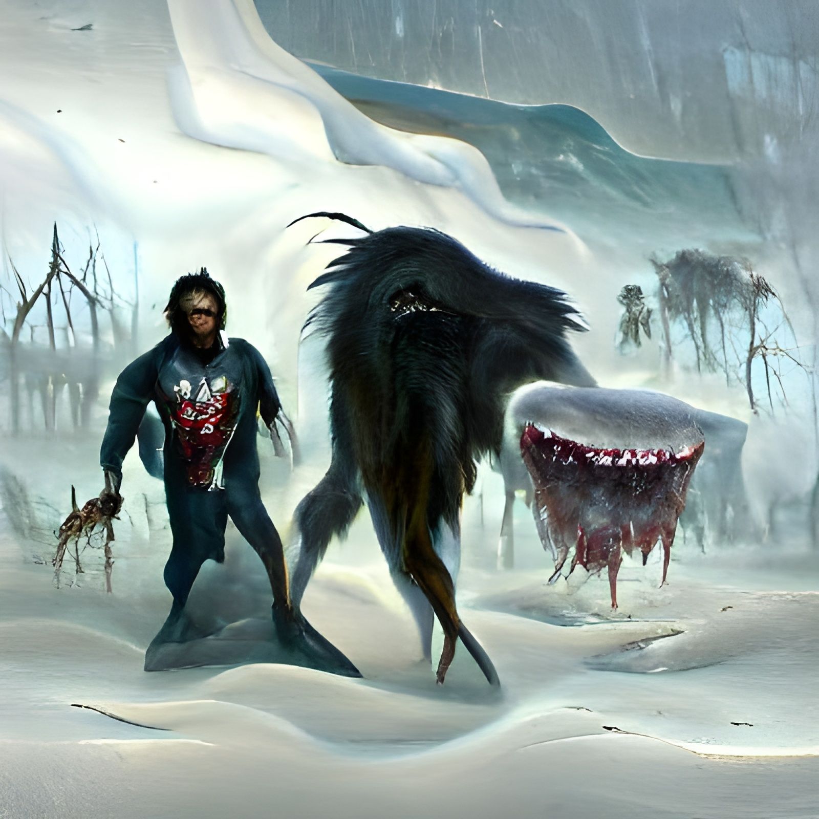 tall shaggy black hairy neanderthal leading a headless black wolf with ...