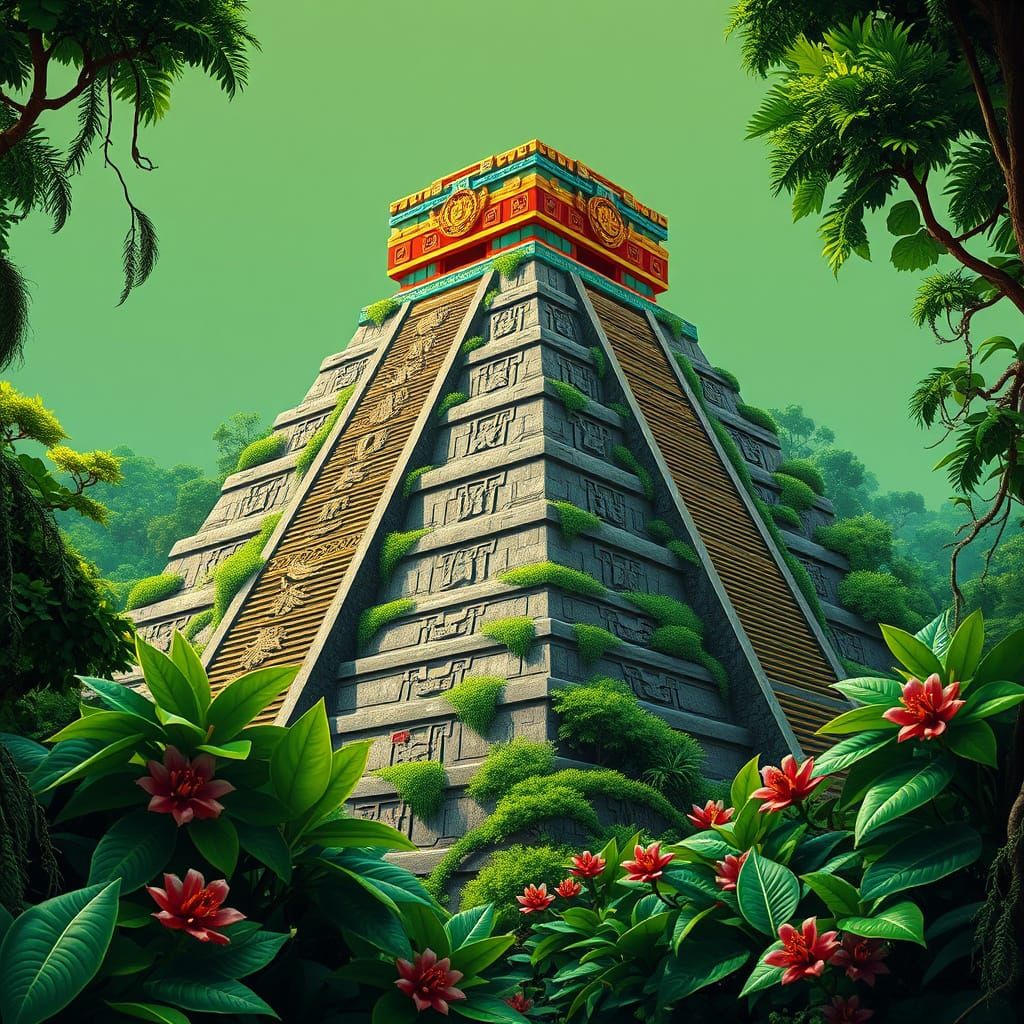 A Luxurious Aztec Pyramid Rises from the Jungle in... - AI Art