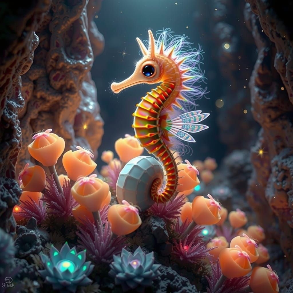 Iridescent Seahorse Creature in Bioluminescent Cav... - AI Art