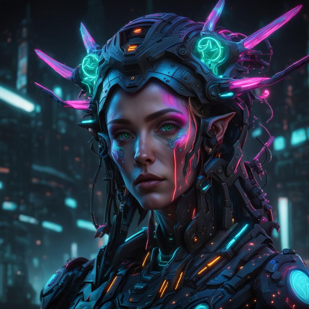 Colorful Bioluminescent Elf Portraits, neon ambiance, abstract black ...